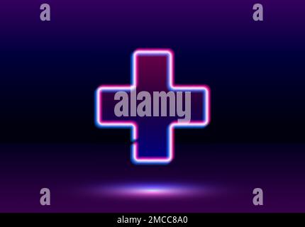 Plus neon sign in the dark room. Shiny cross emblem or icon Stock ...