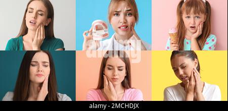 Collage with many people having toothache on color background Stock ...
