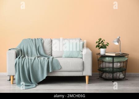Table with houseplant, book, cushions and grey sofa near beige wall ...