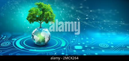 Tree growing on crystal globe and green grass. Digital Convergence and ...