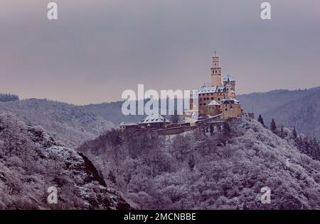 Marksburg castle at dawn in winter, panorama Stock Photo - Alamy