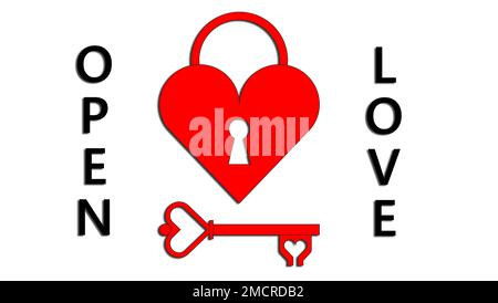 love, two red hearts with the padlock hole and key, on a green grass ...