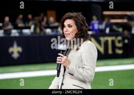 NBC Sports Reporter Michele Tafoya , center, works on the field ...