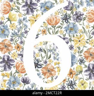 Wildflowers Number Six Blossom Alphabet Design. Watercolor Floral ...