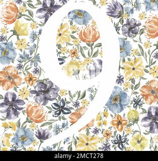 Wildflowers Number Nine Blossom Alphabet Design. Watercolor Floral ...