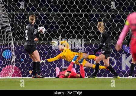 New Zealand's goalkeeper Victoria Esson tries to score during the Women ...