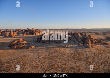 Rock landscape at Jabal Ithlib, blue hour, aerial view, Hegra or Mada ...