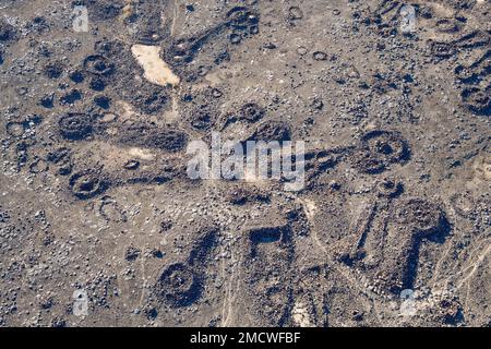 Neolithic stone ritual buildings, so-called mustatils, aerial view ...