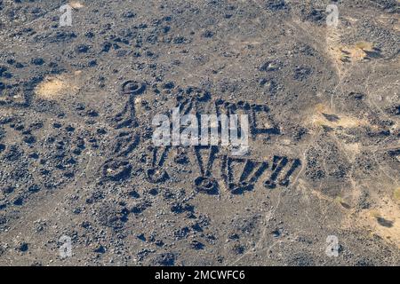 Neolithic stone ritual buildings, so-called mustatils, aerial view ...