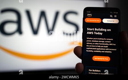 aws (Amazon Web Services) logo sign on their office building in Houston ...