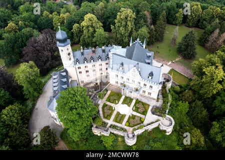 Aerial view, Callenberg Castle, hunting lodge and summer palace of the ...
