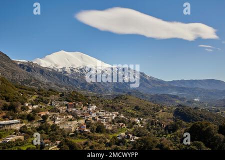 Spring in Crete, snow-capped mountains, Ida massif, Psiloritis, green ...