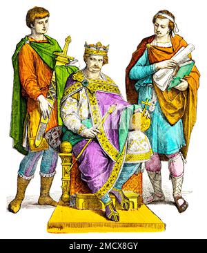 Munich picture sheet, costumes, 10th century, Franconian king and queen ...