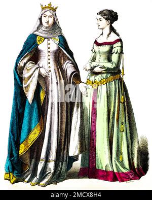 Muenchener Bilderbogen, costumes, 14th century, German castle woman and ...