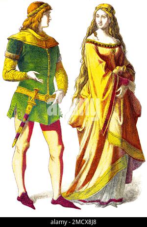 Muenchener Bilderbogen, Costumes, 14th century, Princess and noble lady ...