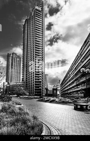 Barbican Estate buildings in black and white, dramatic Stock Photo - Alamy