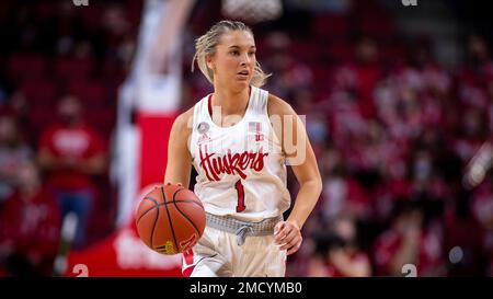 Nebraska guard Jaz Shelley (1) dribbles the ball down the court against ...