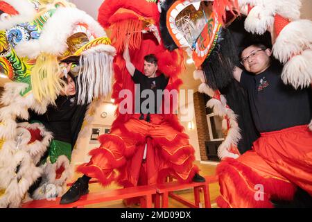 Members of the World Eagle Claw Association UK Lion Dance Team rehearse ...
