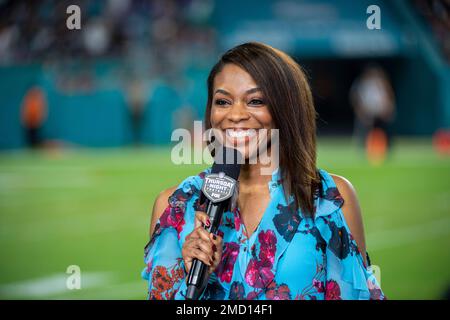 NFL Network sideline reporter Kristina Pink prepares to speak on air ...