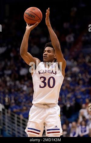 Kansas' Ochai Agbaji shoots during the second half of a college ...