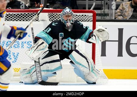 Seattle Kraken goaltender Philipp Grubauer looks on against the Arizona ...