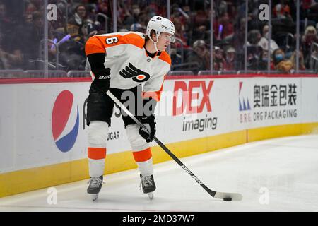 Philadelphia Flyers defenseman Travis Sanheim (6) skates with the puck ...