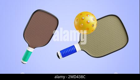 Pickleball two rackets and one plastic ball. Copy space 3D rendering ...