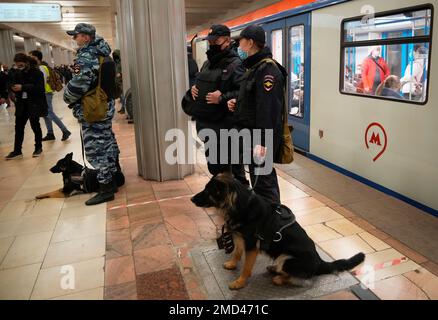 Moscow Metro, russian metro police in the metro train, Moscow, Russia ...