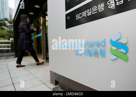 A logo of Standard Chartered Bank Korea or SC Korea, is seen at its ...