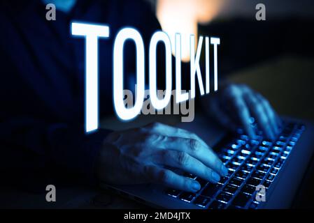 Writing displaying text Toolkit. Word Written on set of tools kept in a ...
