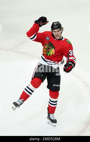 Chicago Blackhawks' Brandon Hagel celebrates his goal during the first ...