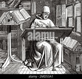A monk scribe writing at his desk, surrounded by manuscripts and books ...