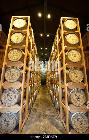 Barrels with rum in Habitation Clement on Martinique island . French ...