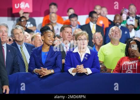 President Joe Biden and Sen. Sherrod Brown, D-Ohio, arrive to speak at ...