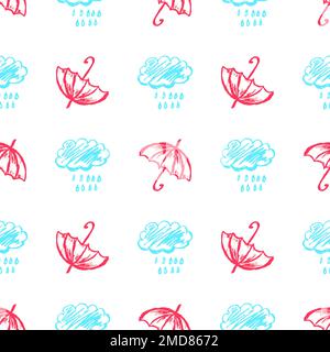 Umbrellas seamless pattern. Children's drawings with wax crayons ...