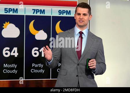 Fox Weather meteorologist Stephen Morgan rehearses on the Fox Weather ...