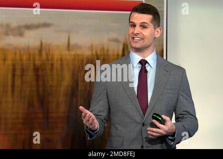 Fox Weather meteorologist Stephen Morgan rehearses on the Fox Weather ...