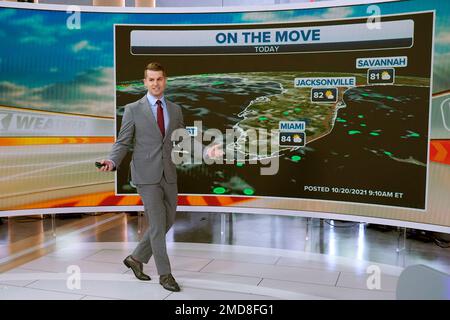 Fox Weather meteorologist Stephen Morgan rehearses on the Fox Weather ...