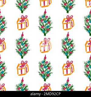 Christmas seamless pattern. Children's drawings with wax crayons ...