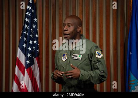 A 3rd Wing Airpower Leadership Academy nametag displays the name of a ...