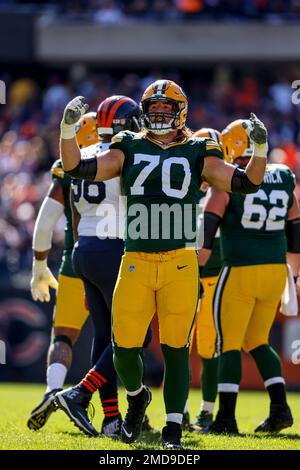 Green Bay Packers guard Royce Newman (70) walks on the field before an ...