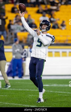 Seattle Seahawks quarterback Jake Luton passes the ball during warmups ...
