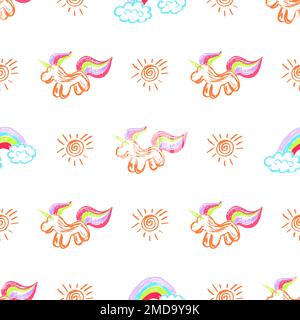 Magic seamless pattern. Unicorns. Children's drawings with wax crayons ...