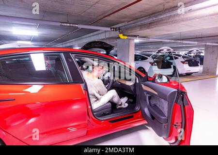 Red Tesla Model 3, model released woman and car, lady drives her new ...