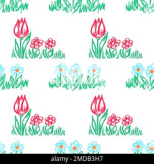 Girly seamless pattern. Children's drawings with wax crayons. Flower ...