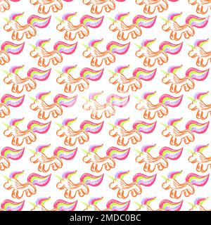Magic seamless pattern. Children's drawings with wax crayons. Unicorns ...