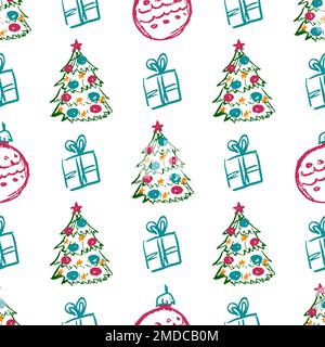 Christmas seamless pattern. Children's drawings with wax crayons ...