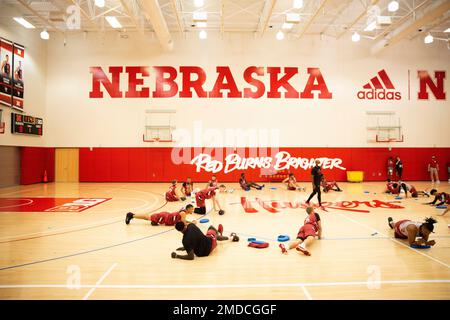 Nebraska men's basketball team members stretch during Pro Day Workout ...
