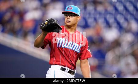Miami Marlins starting pitcher Jesus Luzardo sits in the dugout after ...