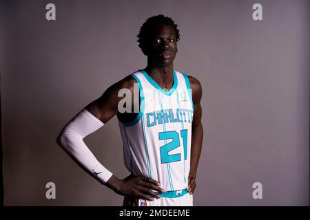 Charlotte Hornets' JT Thor poses for a picture during media day Monday ...